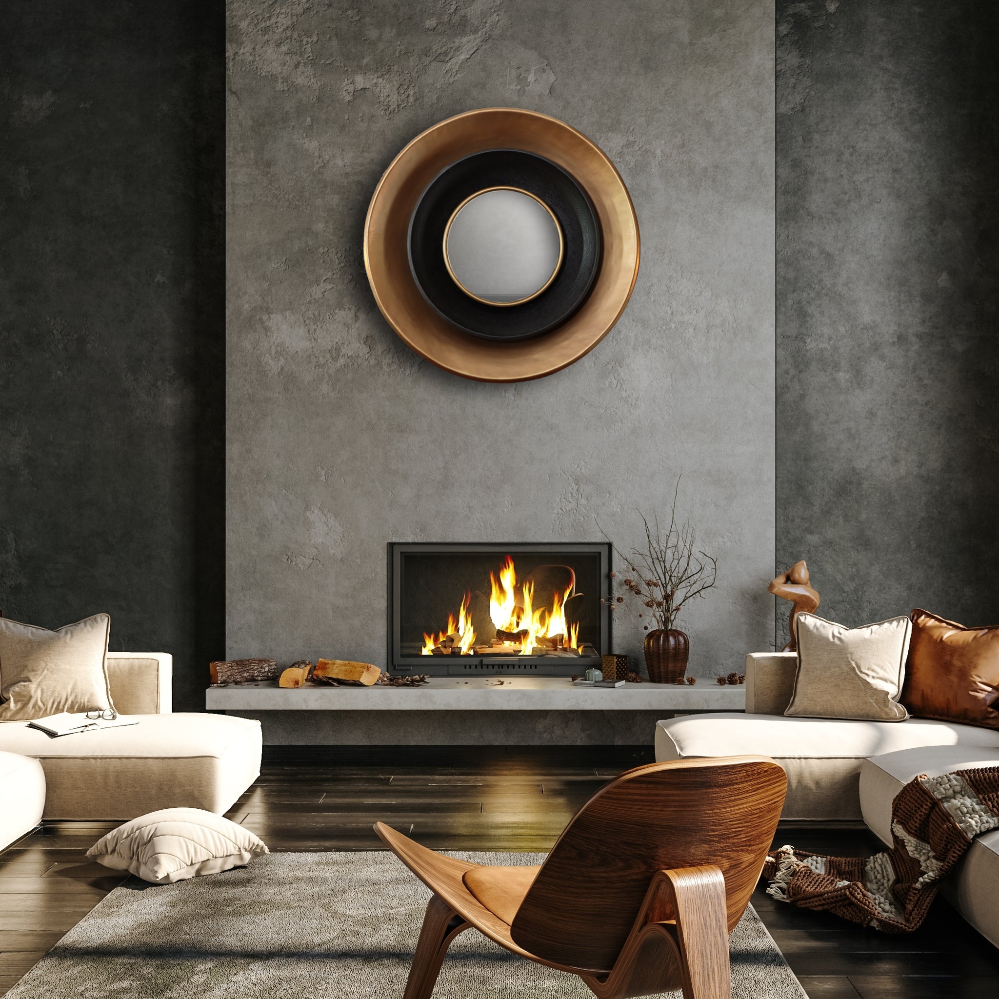 Enhance Your Space Antique Brass and Black Large Round Mirror
